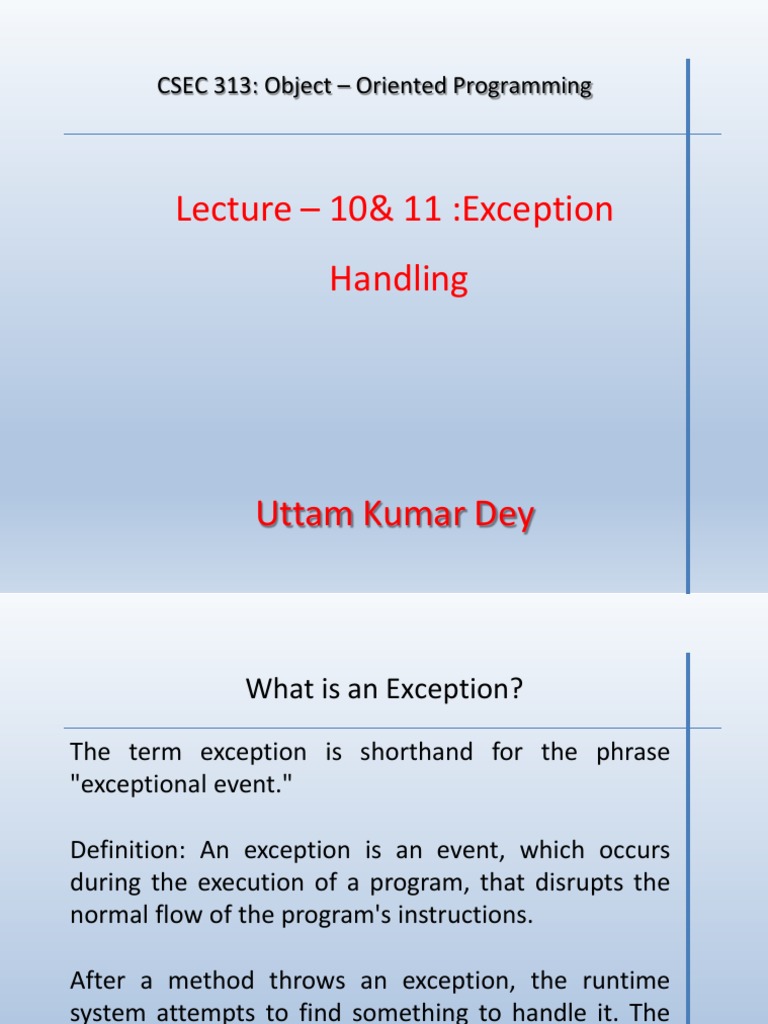 Lecture - 10& 11:exception Handling: CSEC 313: Object - Oriented Programming | PDF | Areas Of ...