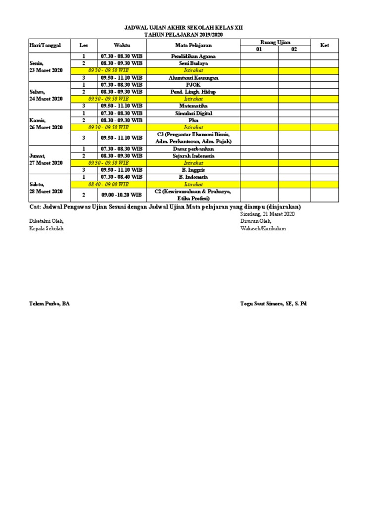 Roster Ujian Sekolah | PDF