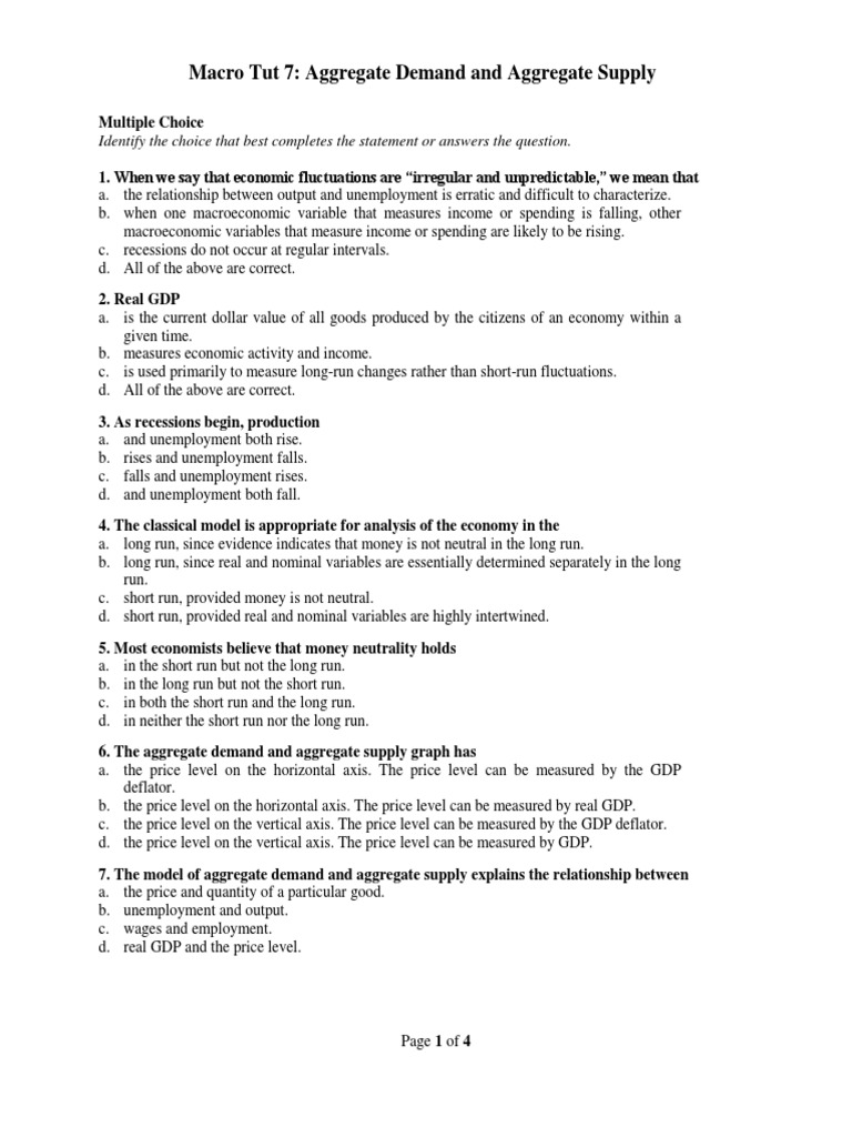Aggregate Demand & Supply Quiz | PDF | Aggregate Demand | Supply ...