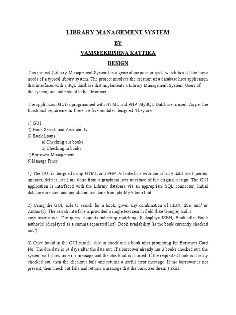 Library Management System: BY Vamseekrishna Kattika Design | PDF ...
