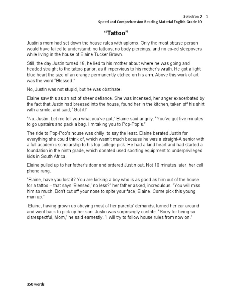"Tattoo": Selection 2 Speed and Comprehension Reading Material English ...