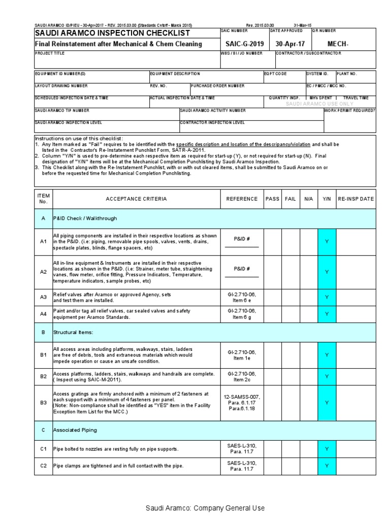 Saudi Aramco Inspection Checklist: Final Reinstatement After Mechanical ...