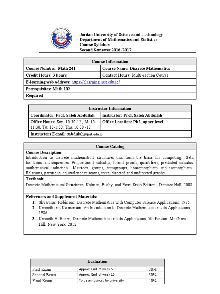 Math 241 - Syllabus - Form | PDF | Discrete Mathematics | Function (Mathematics)