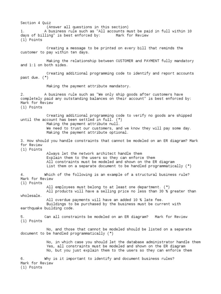 Section 4 Quiz Database Design Oracle | PDF | Computer Data | Data Management