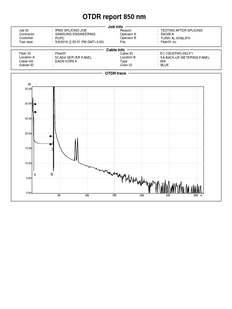 OTDR Report 850 NM: Job Info | PDF | Optical Fiber | Electrical Engineering