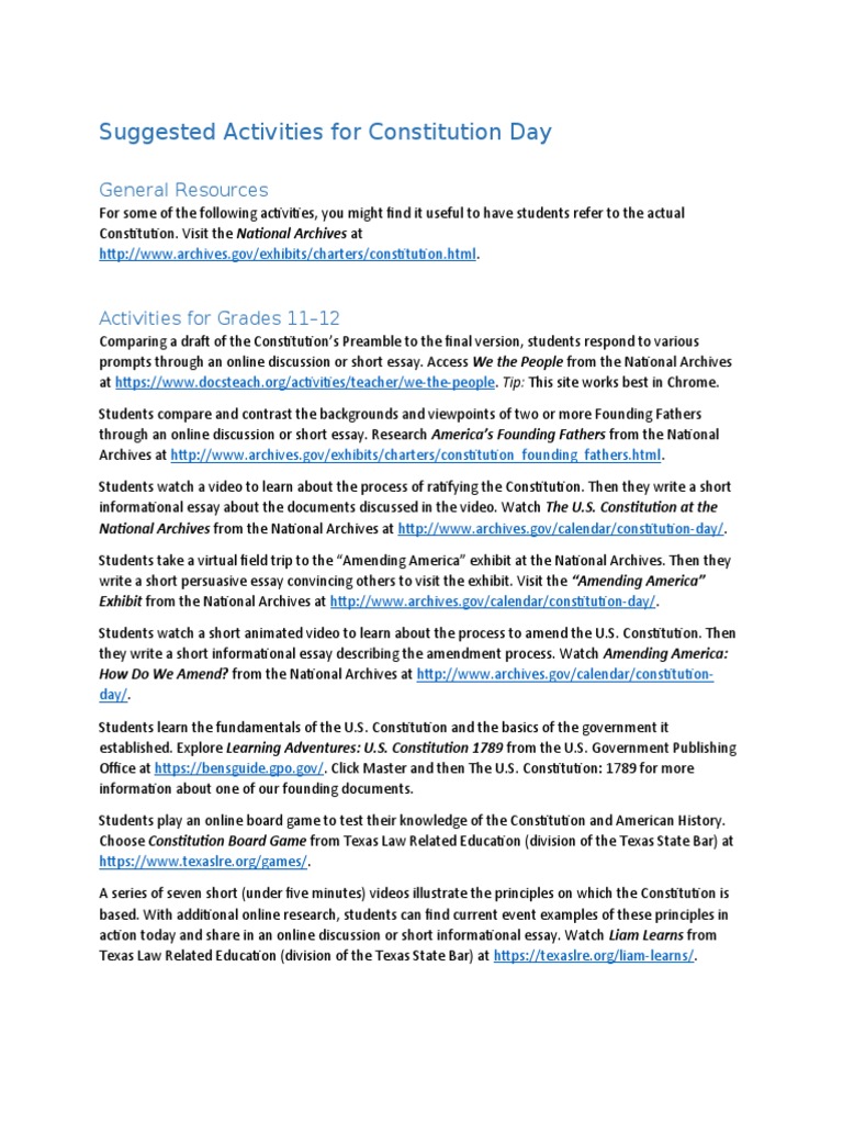 K12 Constitution Day Activities Grades 11 12 | PDF | The National ...