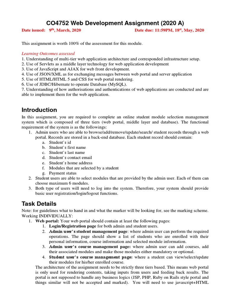 CO4752 Web Development Assignment (2020 A) : Learning Outcomes Assessed ...