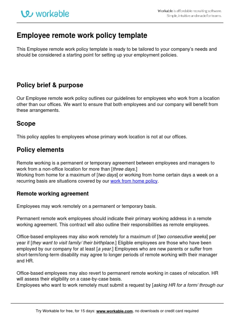 Employee Remote Work Policy Template | PDF | Telecommuting | Employment