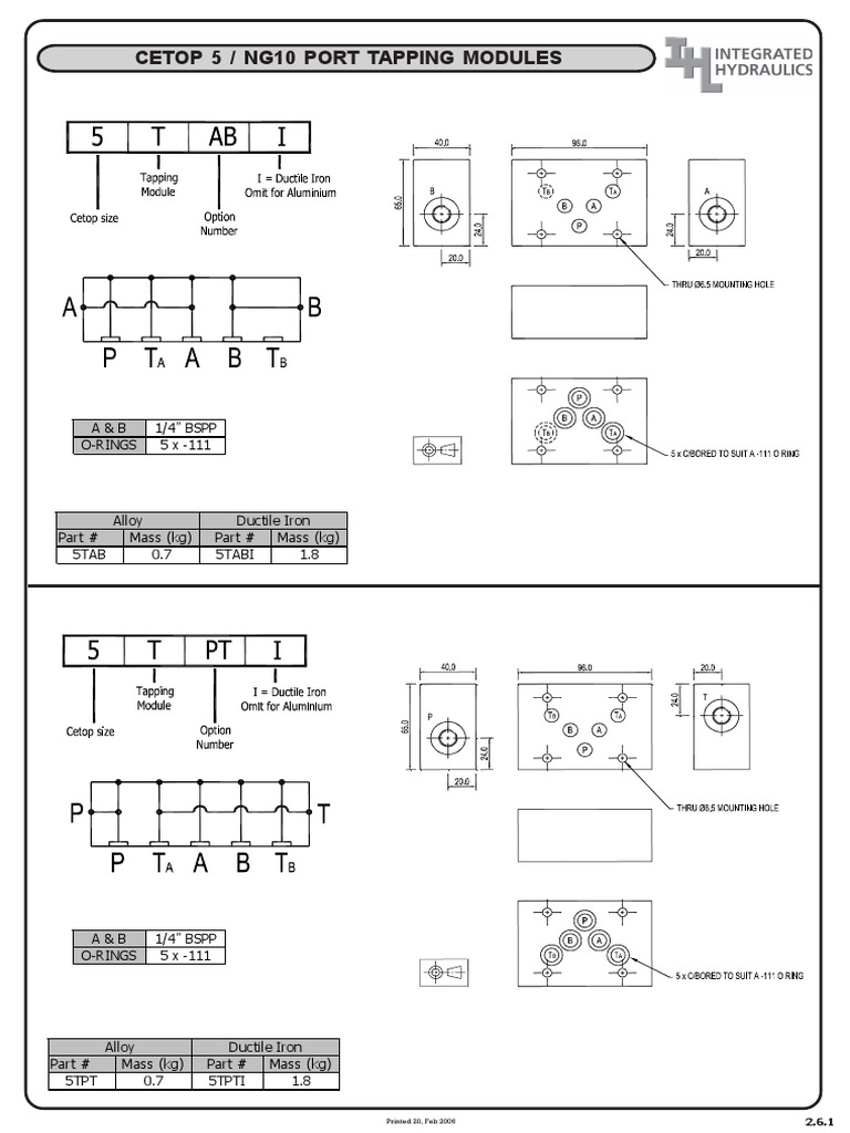 Cetop 5 / Ng10 Port Tapping Modules: A & B 1/4" BSPP O-Rings 5 X - 111 ...