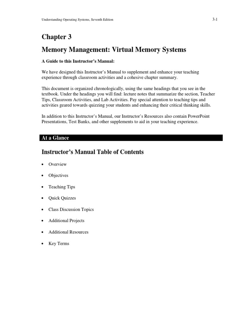 Memory Management: Virtual Memory Systems: Instructor's Manual Table of Contents | PDF ...