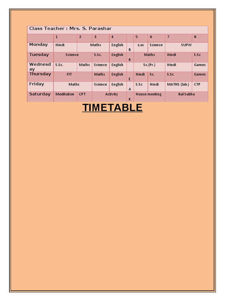 Timetable: Class Teacher: Mrs. S. Parashar | PDF