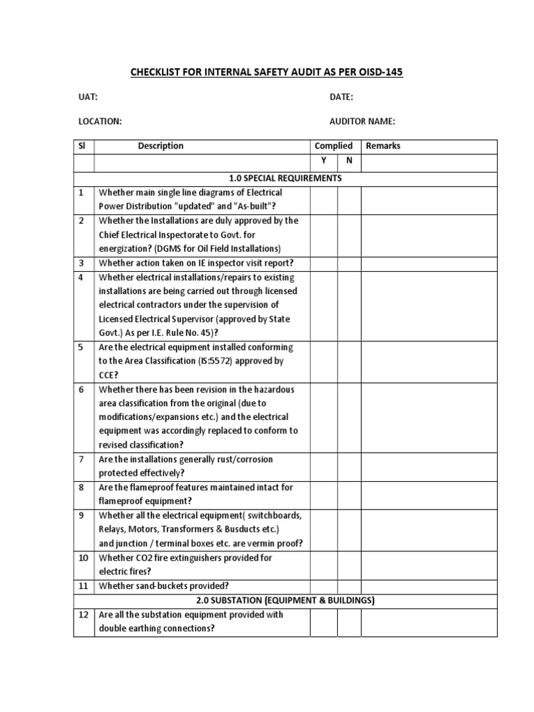 Checklist For Internal Safety Audit - OISD-145 | PDF | Lighting ...