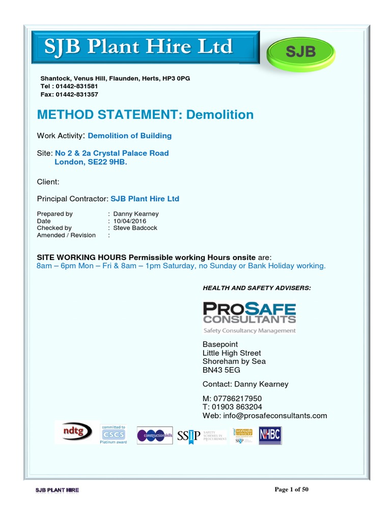 METHOD STATEMENT: Demolition: Work Activity Site | PDF | Personal ...