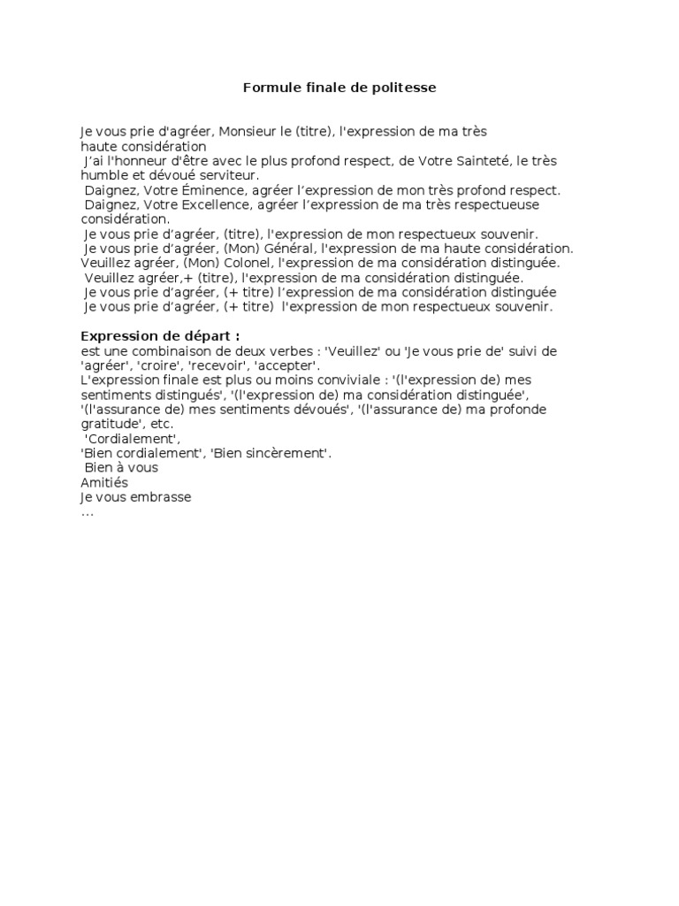 Formule Finale de Politesse | PDF | Études des langues étrangères