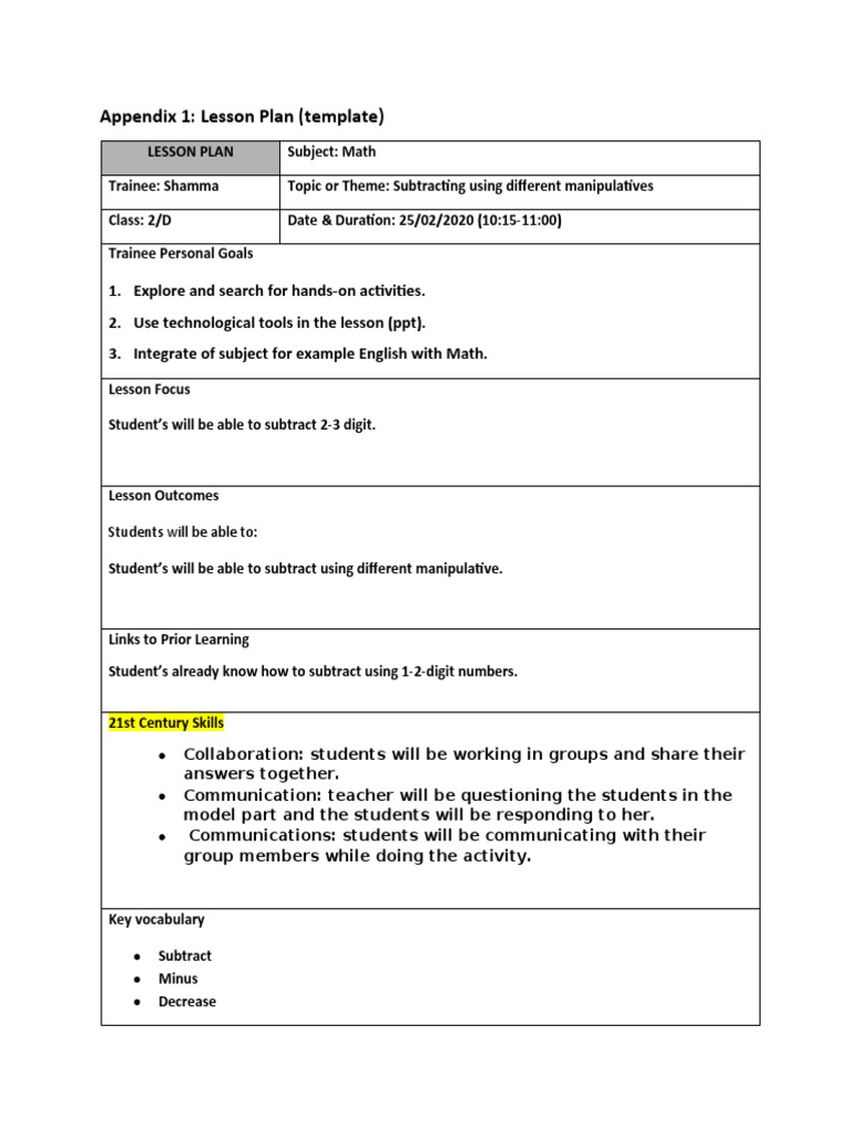 Math Lesson Plan: Subtraction Activities | PDF | Lesson Plan | Applied ...