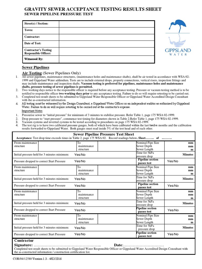 Sewer Pipeline Pressure Test Report Form | PDF | Sanitary Sewer | Pressure