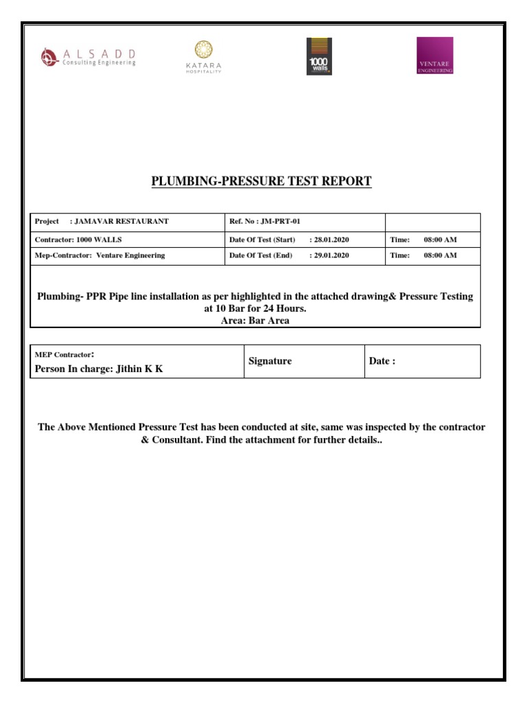 Plumbing Pressure Test Report for Jamavar | PDF | Technology & Engineering