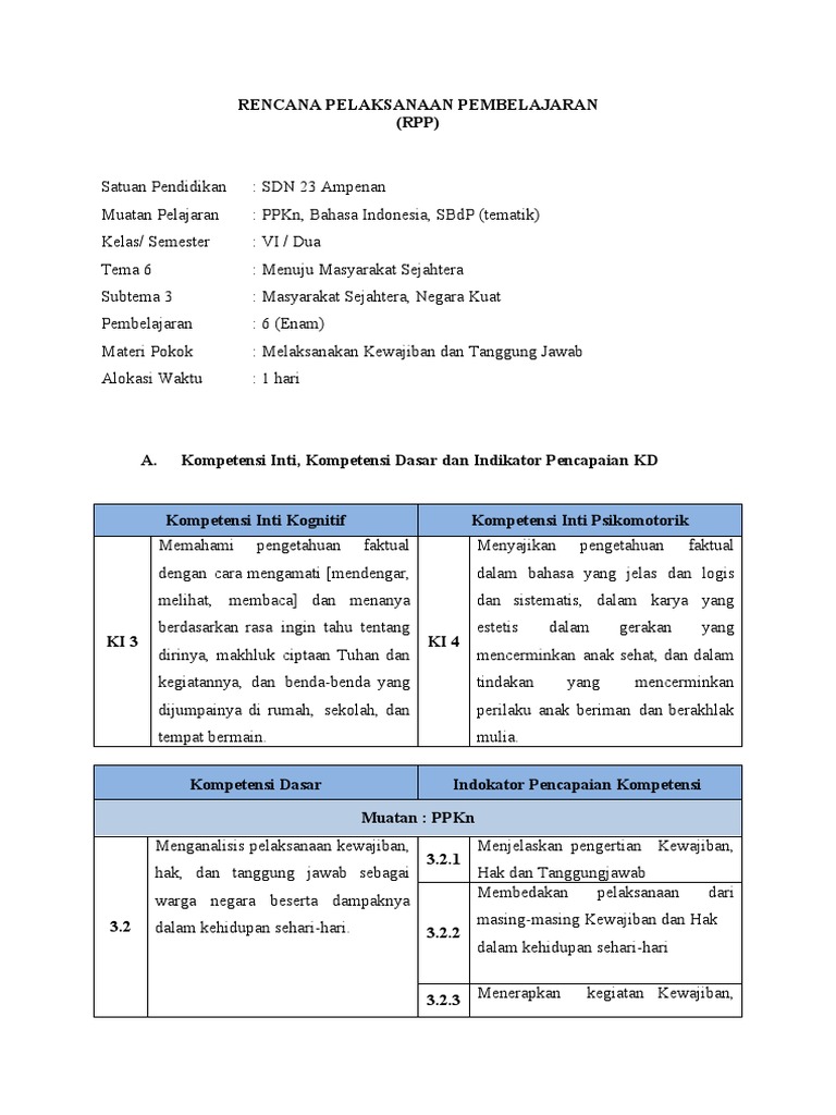 RPP Kelas 6 Tema 6 Pemb 1.1 | PDF | Karier & Perkembangan
