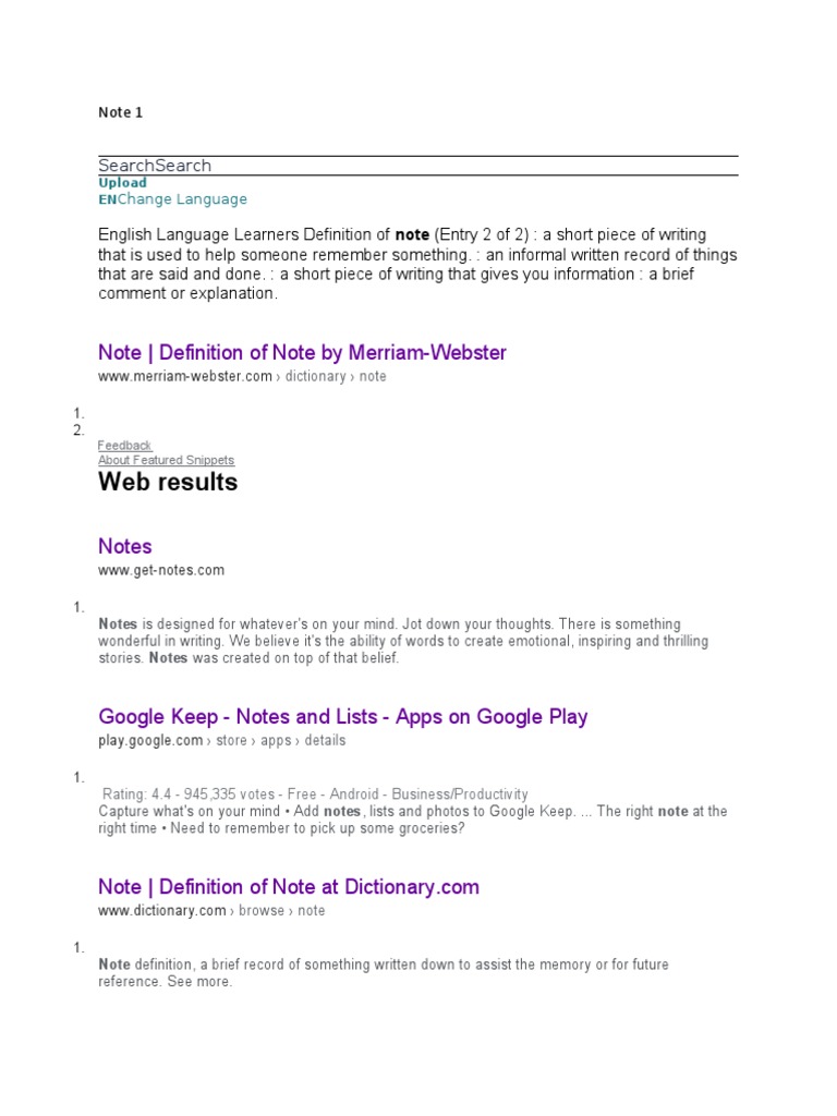 Web Results: Note - Definition of Note by Merriam-Webster | PDF ...