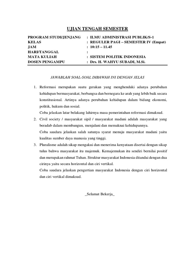 UTS SISTEM POLITIK INDONESIA - PUBLIK S.IV - Reg Pagi - 2020 | PDF ...