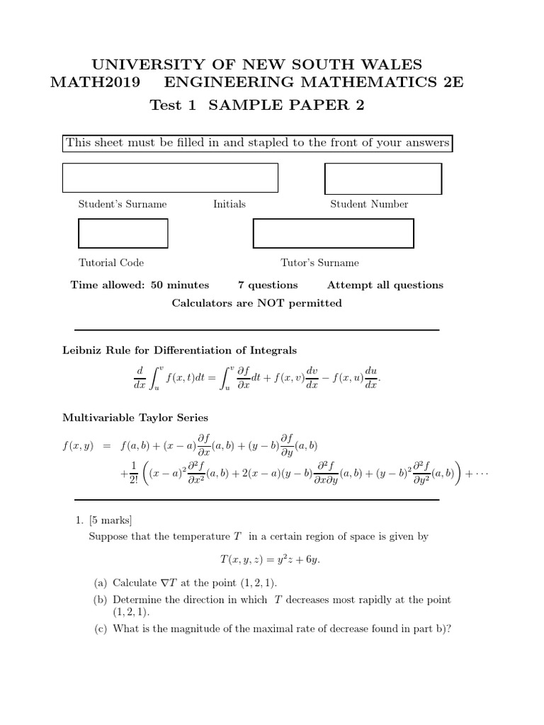 MATH2019 UNSW Test 1 Sample 2 | PDF | Derivative | Calculus