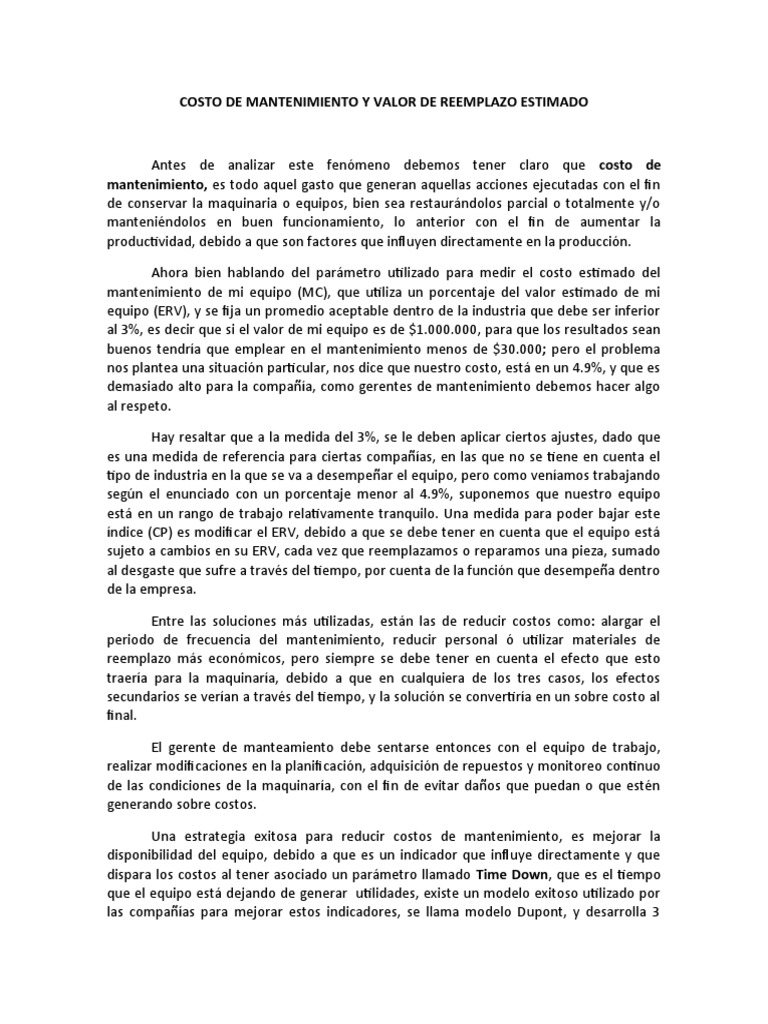 Costo de Mantenimiento y Valor de Reemplazo Estimado | PDF ...