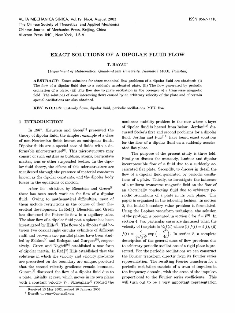 Exact Solutions of Periodic Oscillating Plate Flow for Dipolar Fluid ...
