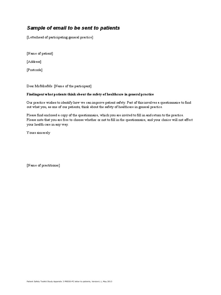 Sample of Email To Be Sent To Patients: Findingout What Patients Think ...