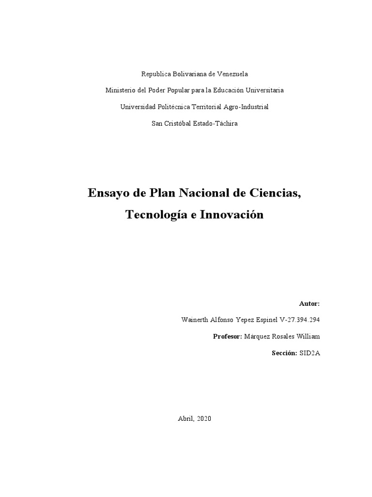 Ensayo Del Plan Nacional de Ciencia, Tecnología e Innovación | PDF ...