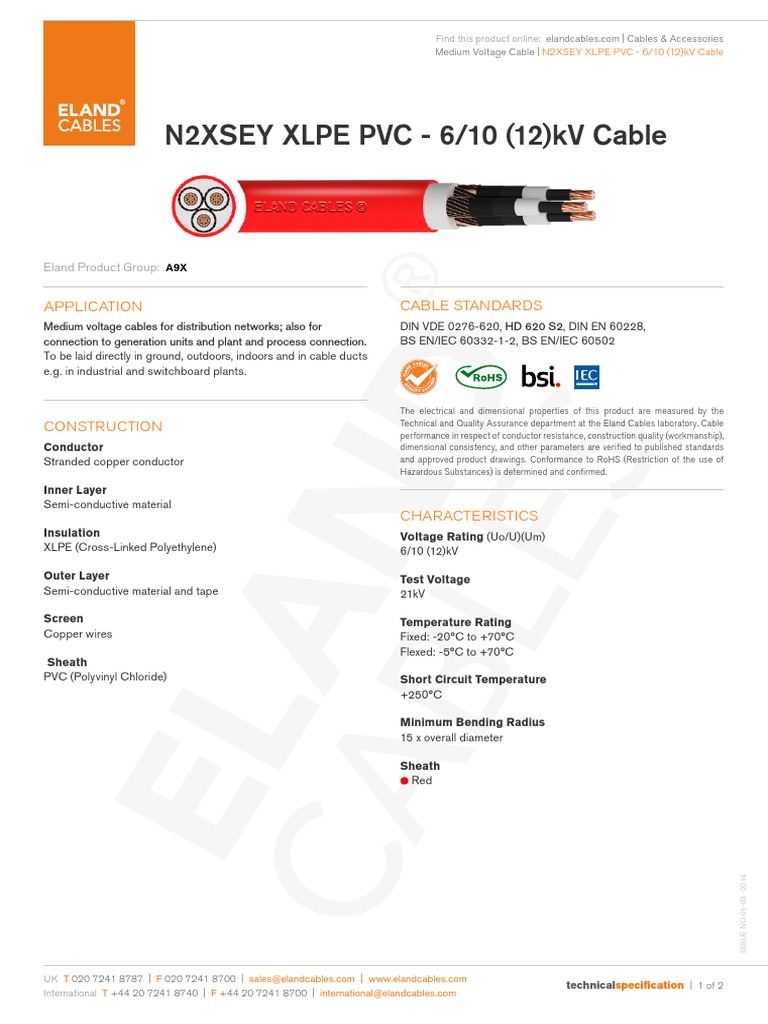 Medium Voltage Cable Specifications: N2XSEY XLPE PVC - 6/10 (12)kV Cable | PDF | Electrical ...
