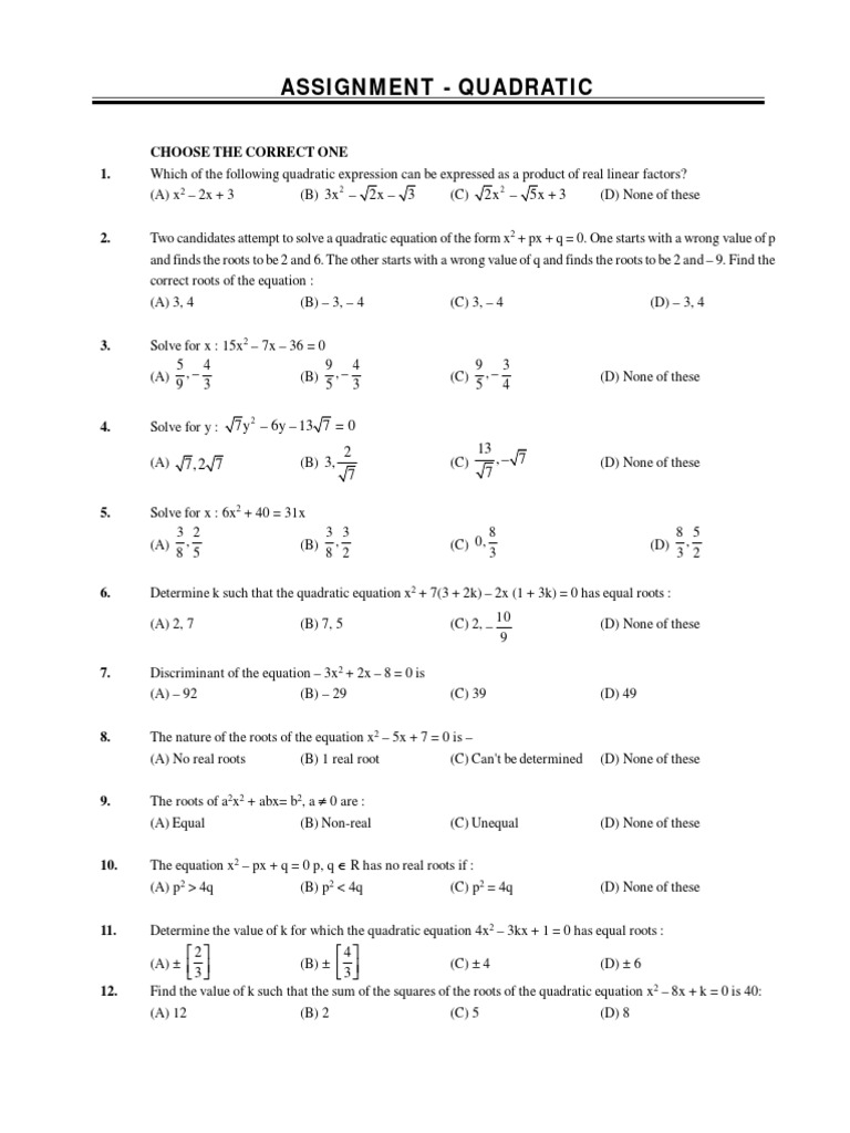 Solving Quadratic Equations: An Assignment on Determining Roots ...