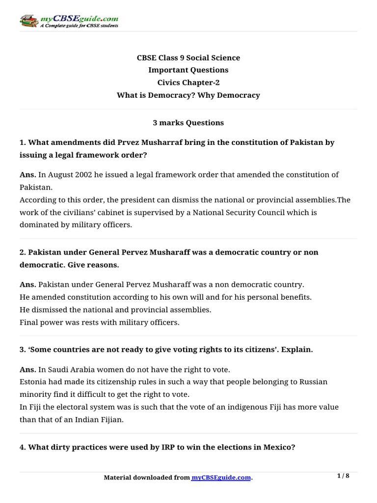 3m Questions Chapter 1 Civics | PDF | Elections | Democracy