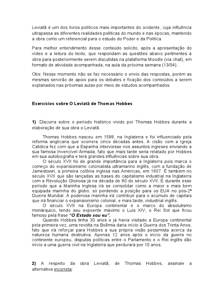 EXERCÍCIO DE FIXAÇÃO (Thomas Hobbes - Moodle) Weslei Eller | PDF ...