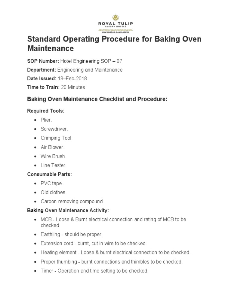 Standard Operating Procedure For Baking Oven Maintenance | PDF