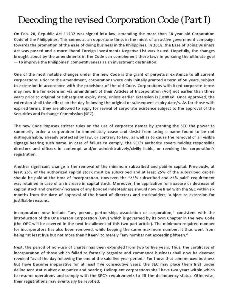 Revised Corporation Code Insights | PDF | Corporations | Board Of Directors