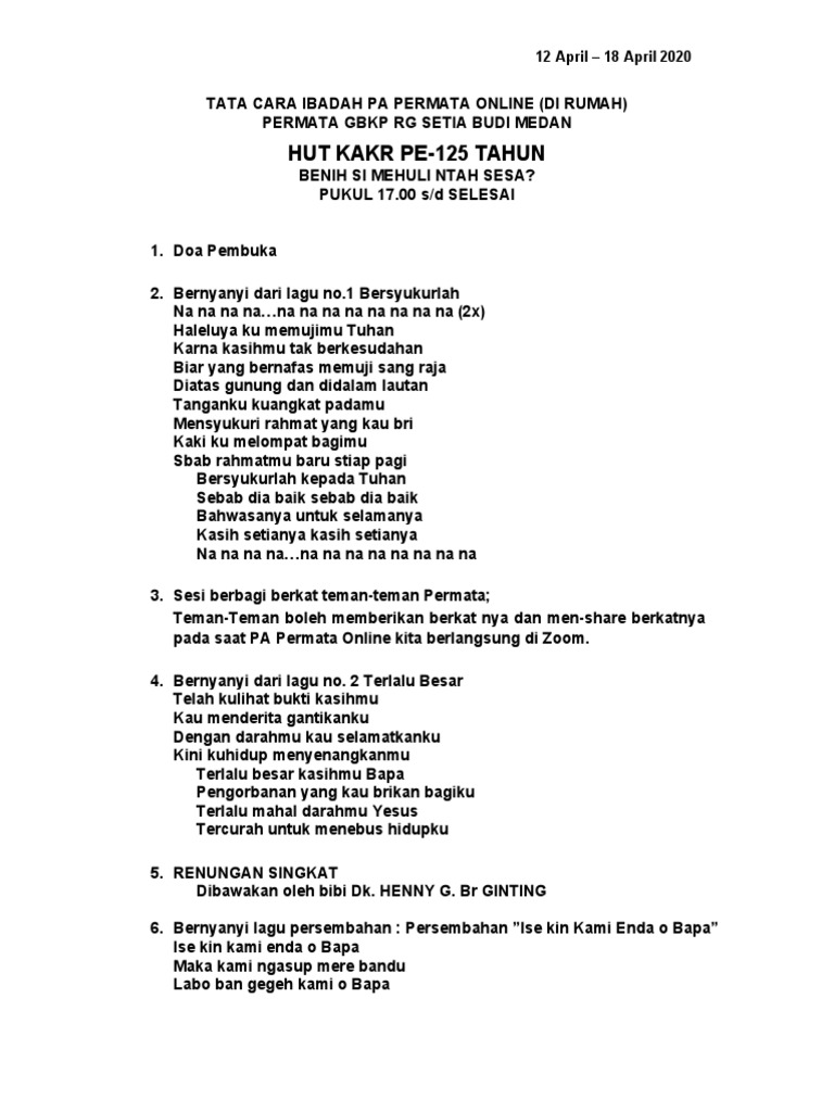 Tata Cara Ibadah Pa Permata Online 12 April | PDF