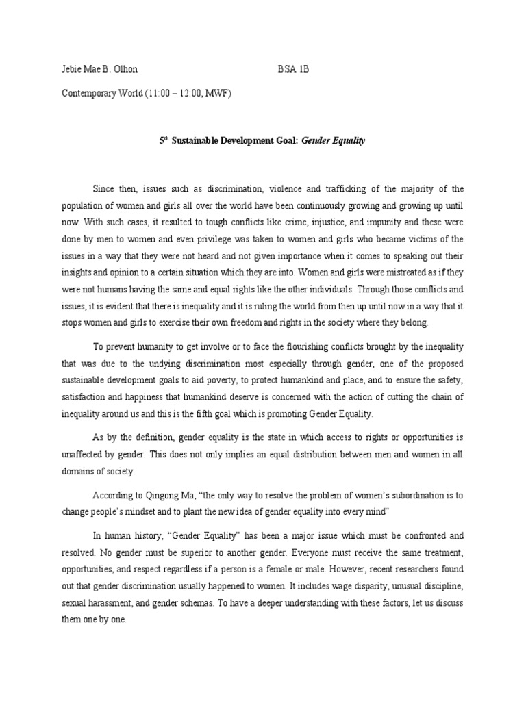 Gender Equality Essay | PDF | Gender Pay Gap | Gender