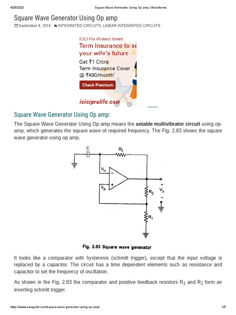 Square Wave Generator Using Op Amp - Waveforms | PDF | Amplifier ...