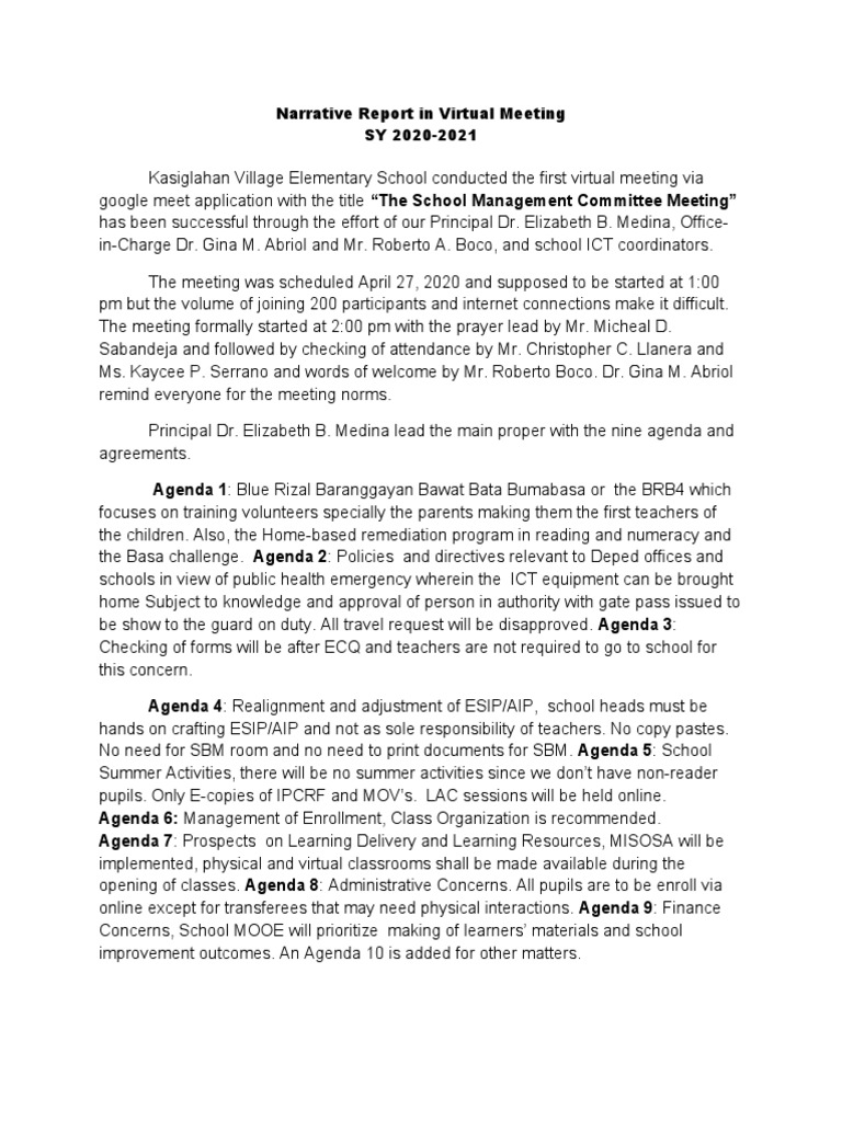 Narrative Report in Virtual Meeting | PDF | Educational Technology ...