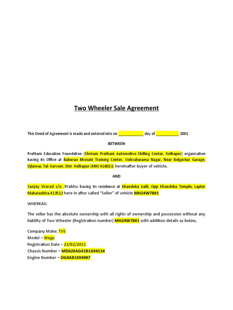 Two Wheeler Sale Agreement: Between | PDF