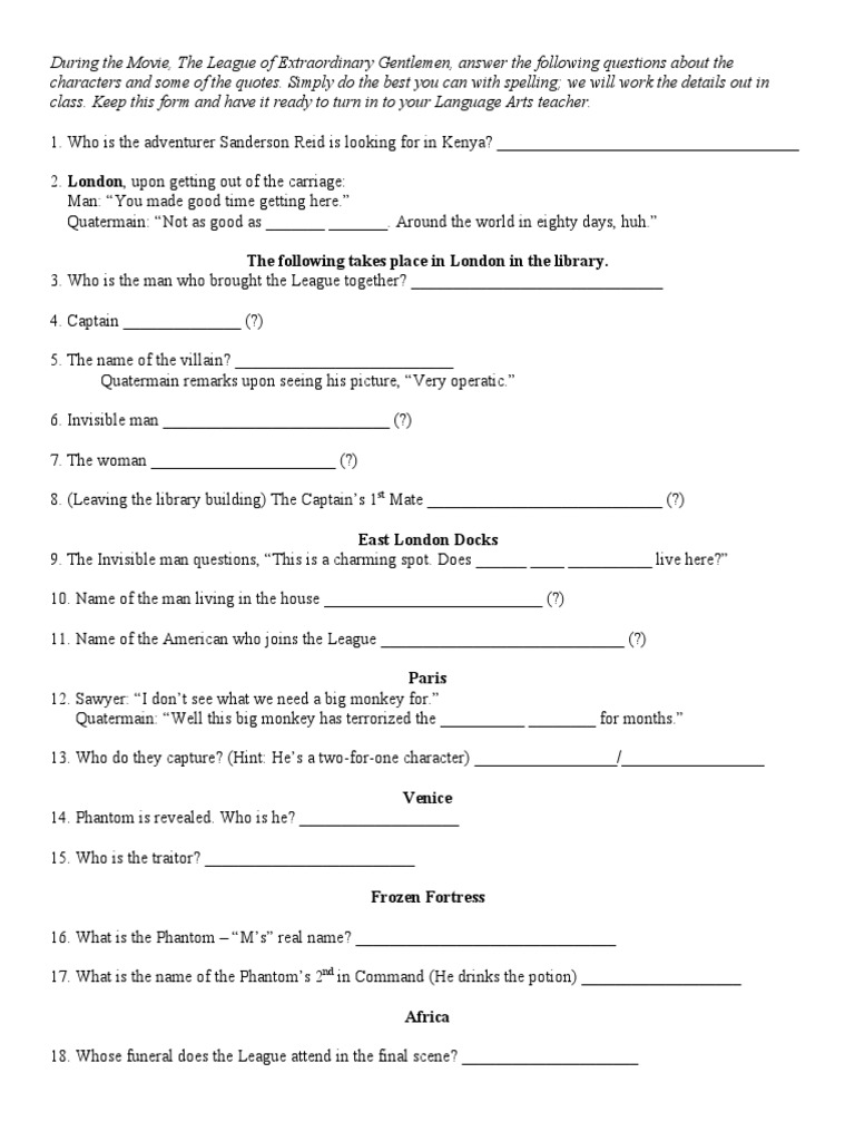 The Extraordinary League of Gentlemen - Movie Worksheet | PDF