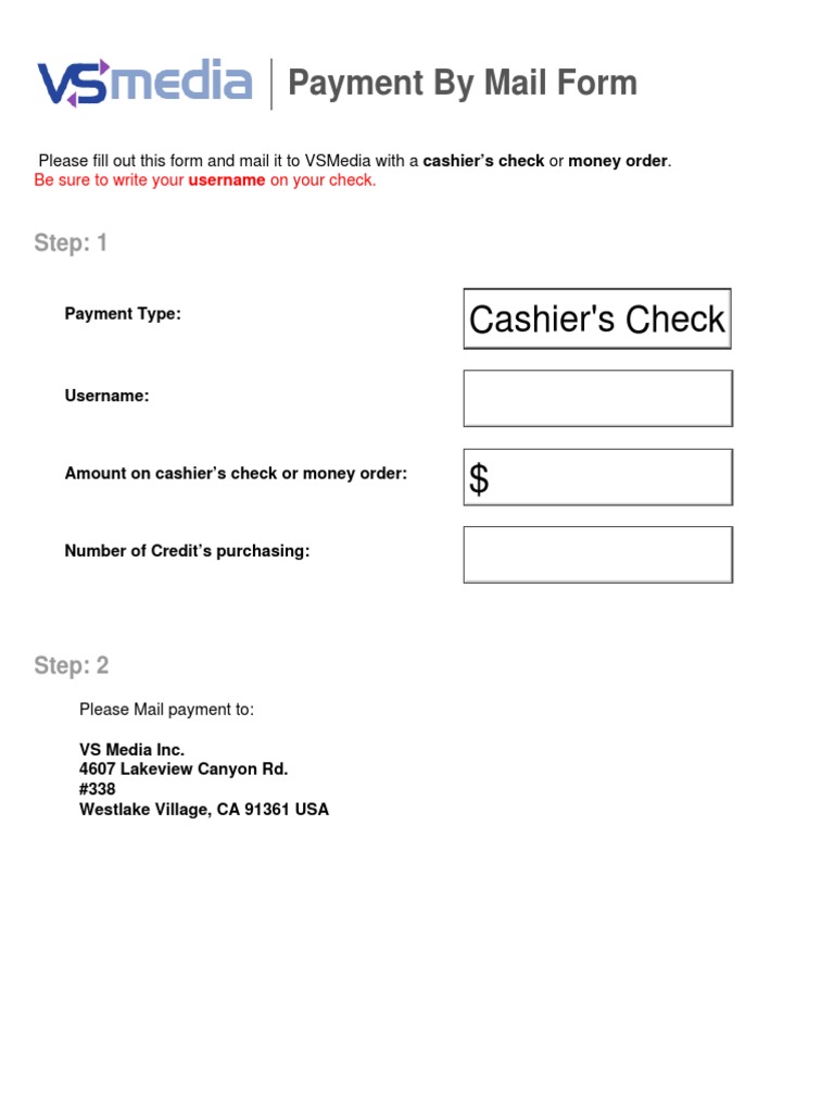 Cashier's Check: Payment by Mail Form | PDF