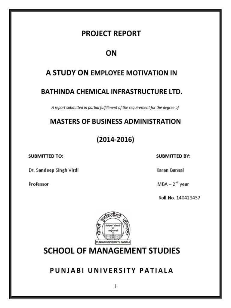 Project Report ON A Study On: Employee Motivation in Bathinda Chemical ...