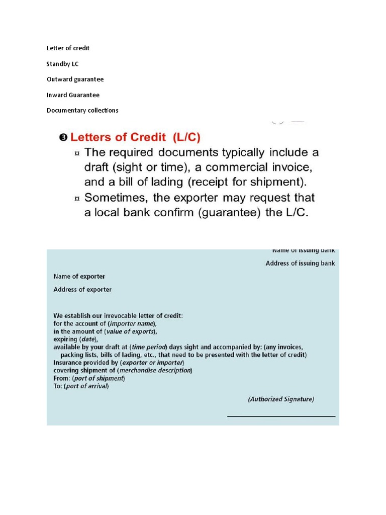 Letter of credit Standby LC Outward guarantee Inward Guarantee ...