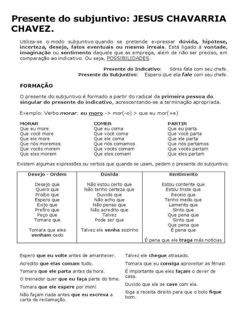 Subjuntivo, Presente Do | PDF | Conjugação gramática | Tipologia ...