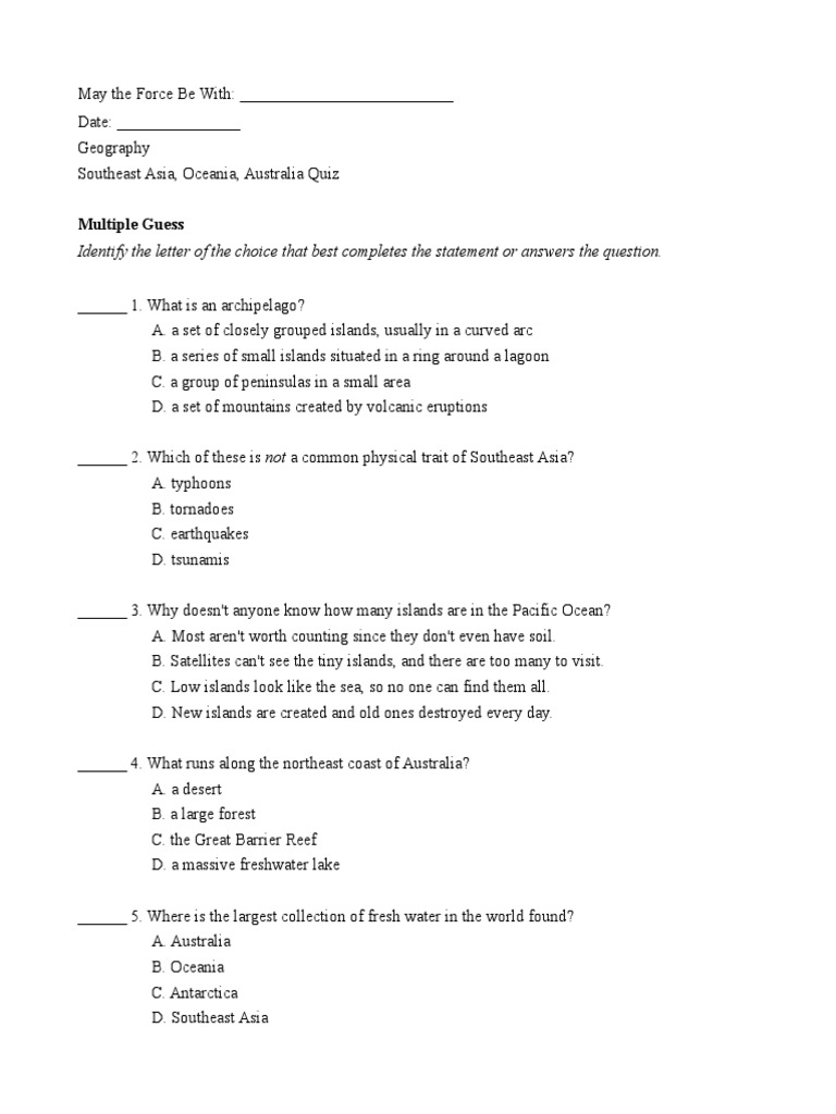 11 - Southeast Asia Oceania Australia Quiz | PDF | Oceania | Island