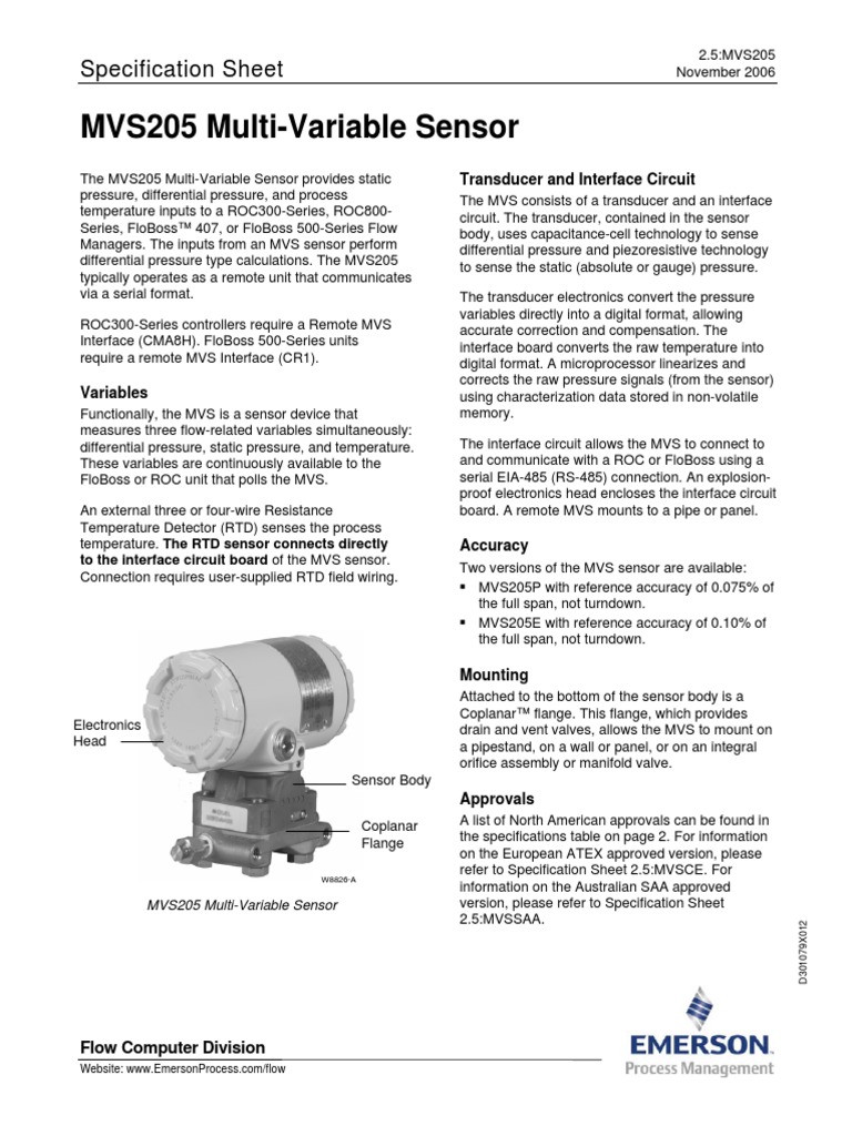 MVS205 Multi-Variable Sensor: Specification Sheet | PDF | Pressure ...