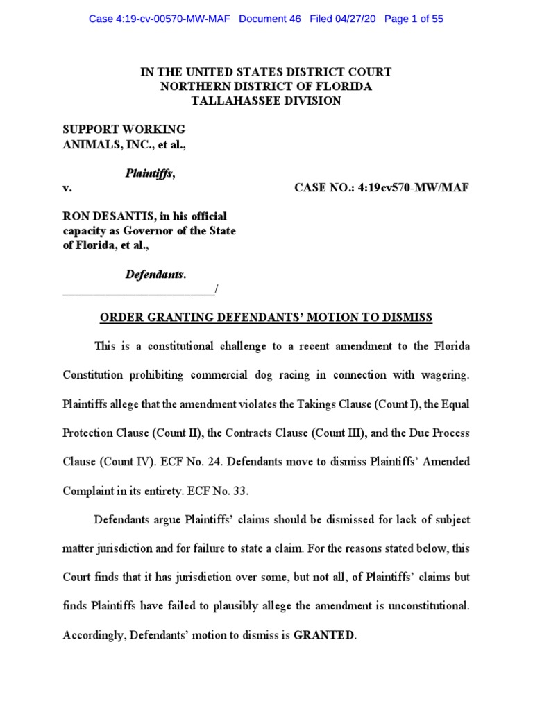 Order Granting Defendants' Motion To Dismiss, Support Working Animals ...