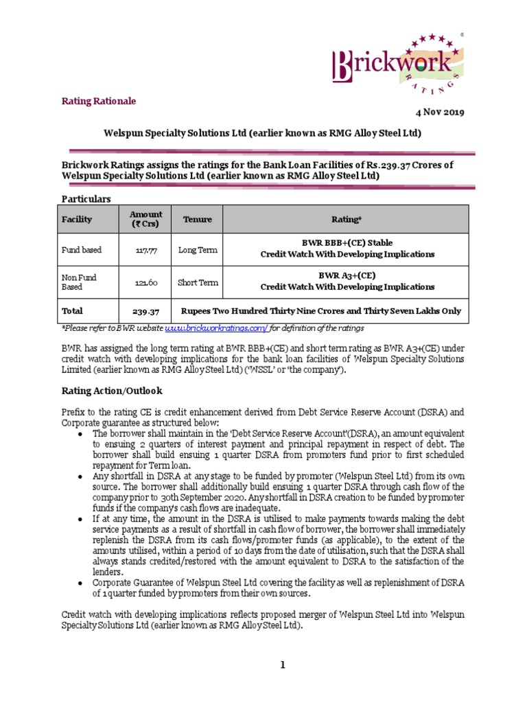 Welspun-Specialty-Solutions-4Nov2019 Brickwork | PDF | Debt | Credit