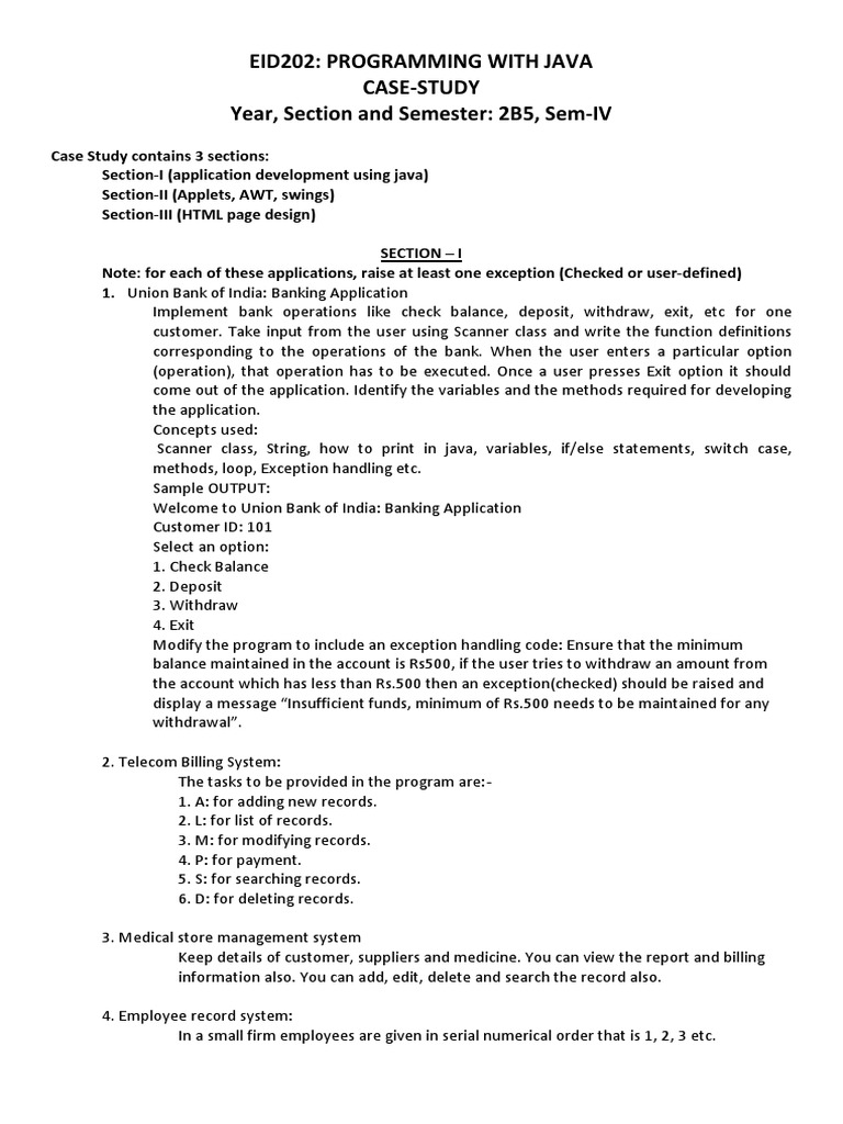 Eid202: Programming With Java Case-Study Year, Section and Semester: 2B5, Sem-IV | Download Free ...